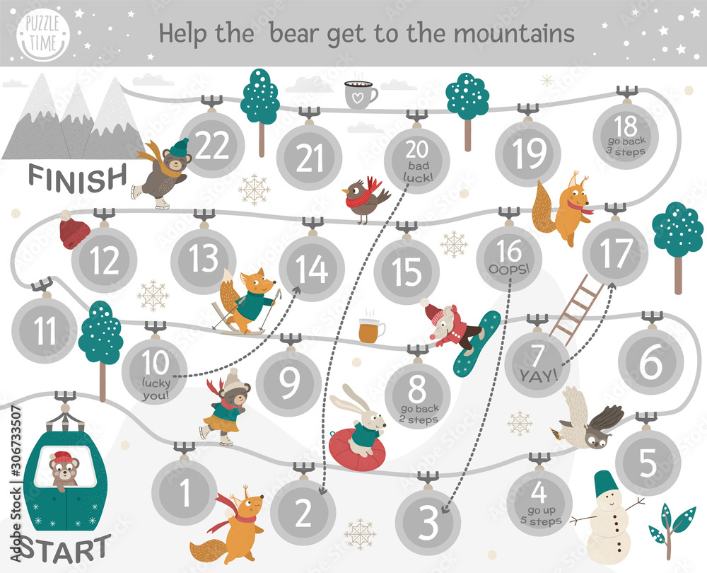Winter adventure board game for children with sports and activities ...