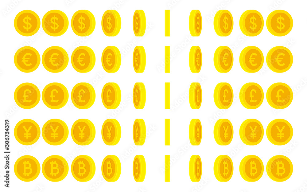 Set of rotating coins with popular currency symbols. Vector animation ...