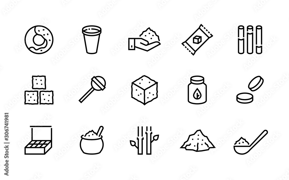 Sugar line icon. Candies and coffee sweeteners, sugar in cubes bags and ...