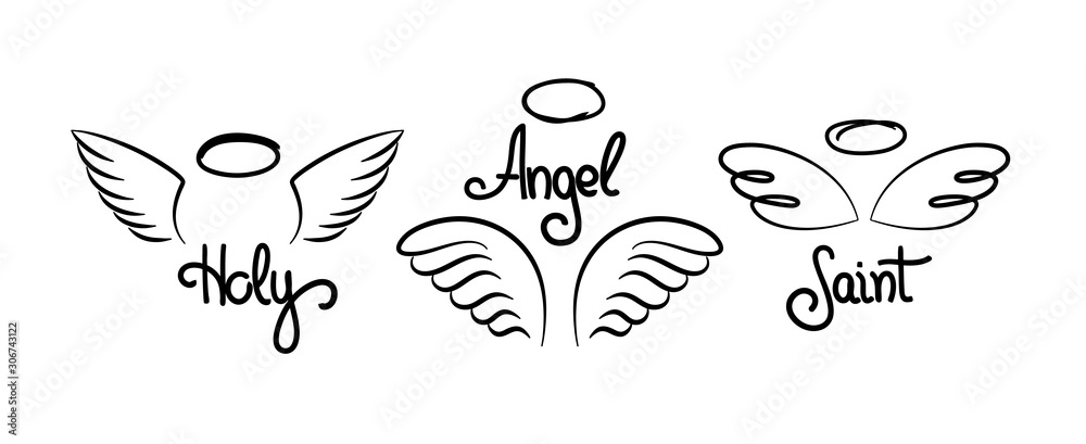 Doodle wings logo. Pair of hand drawn angel wings with decorative text ...