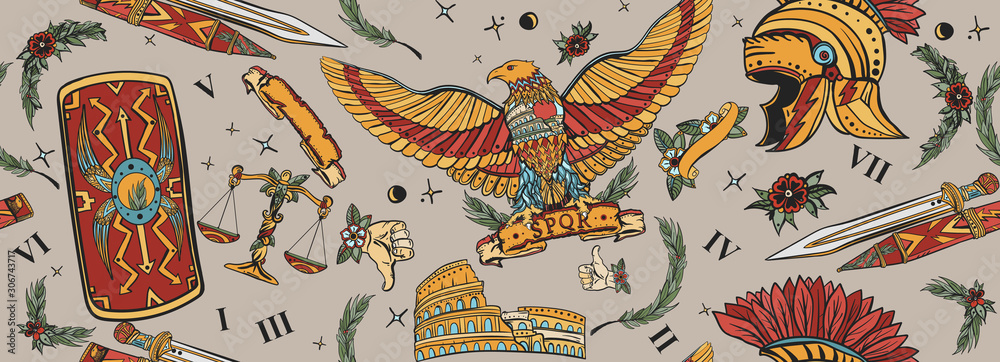 Roman eagle, spartan helmet, sword, shield and Colosseum. Ancient Rome ...