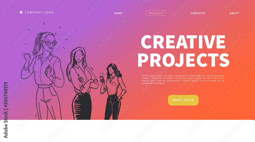 Creative projects landing page design template with office woman group ...