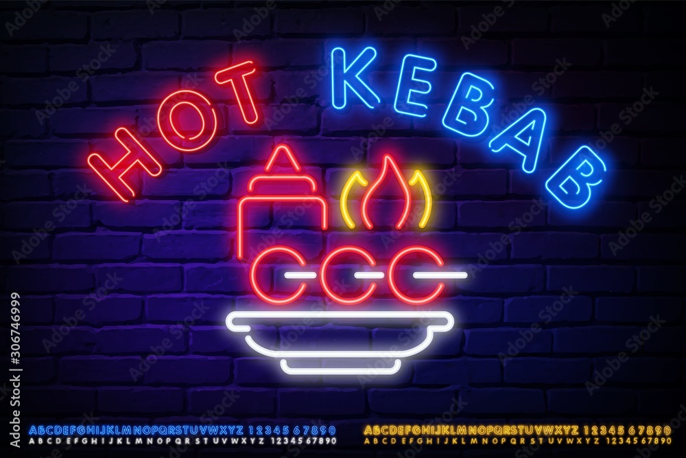 Kebab Bistro neon sign, bright signboard, light banner. Shawarma cafe ...
