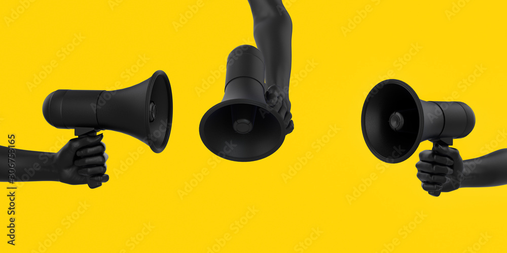 Black hand holding Megaphone on yellow background in different poses ...