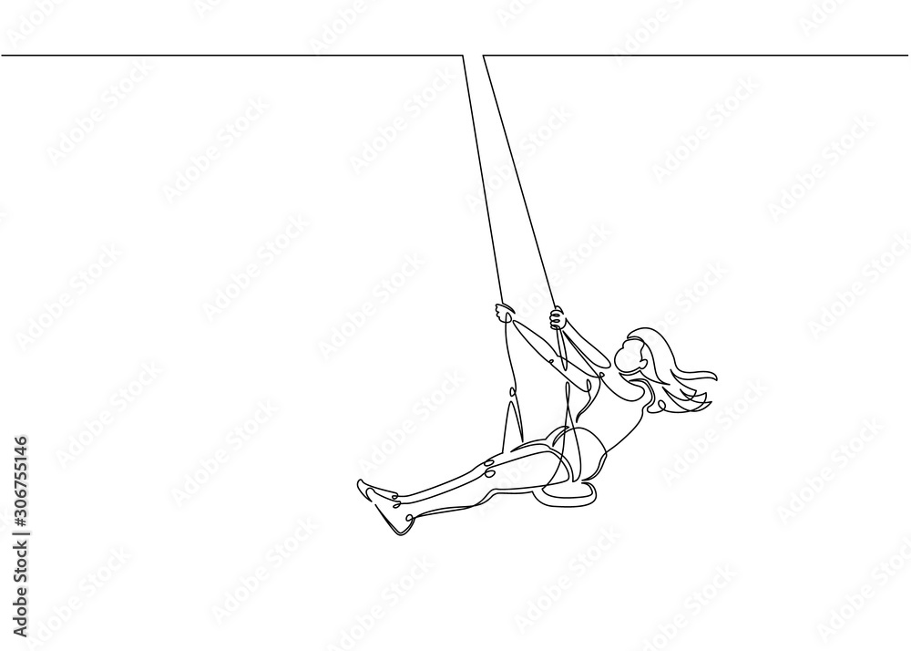 Continuous line drawing. Girl swinging on swing. Vector illustration ...