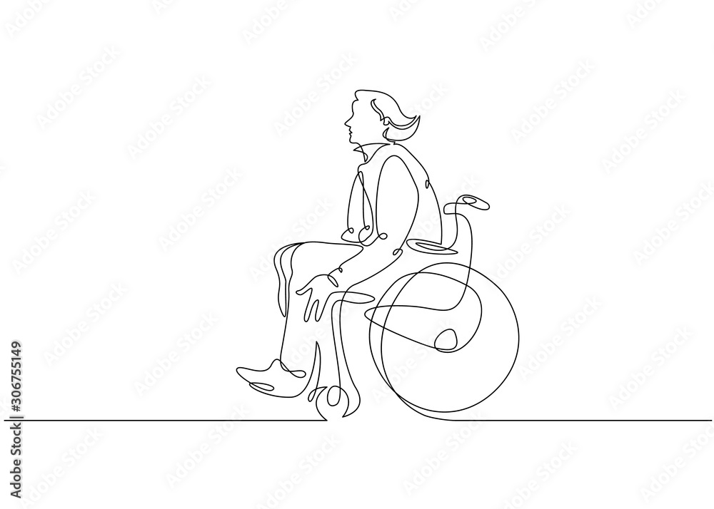 Continuous line drawing. Disabled man on wheelchair enjoy with moving ...