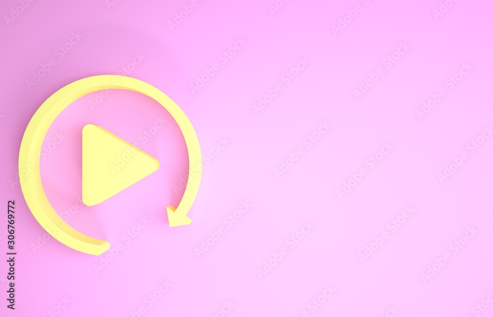 Yellow Video play button like simple replay icon isolated on pink ...