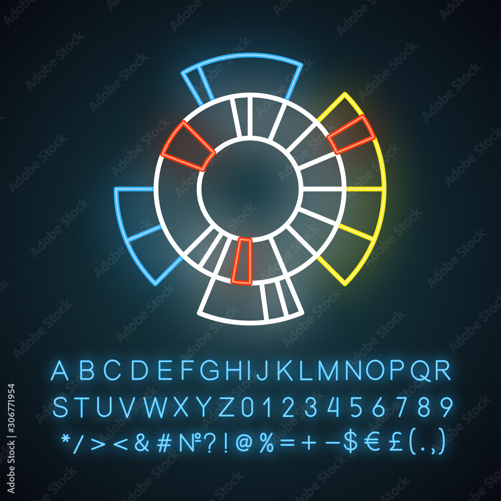 Sunburst diagram neon light icon. Radial chart. Round information graph ...