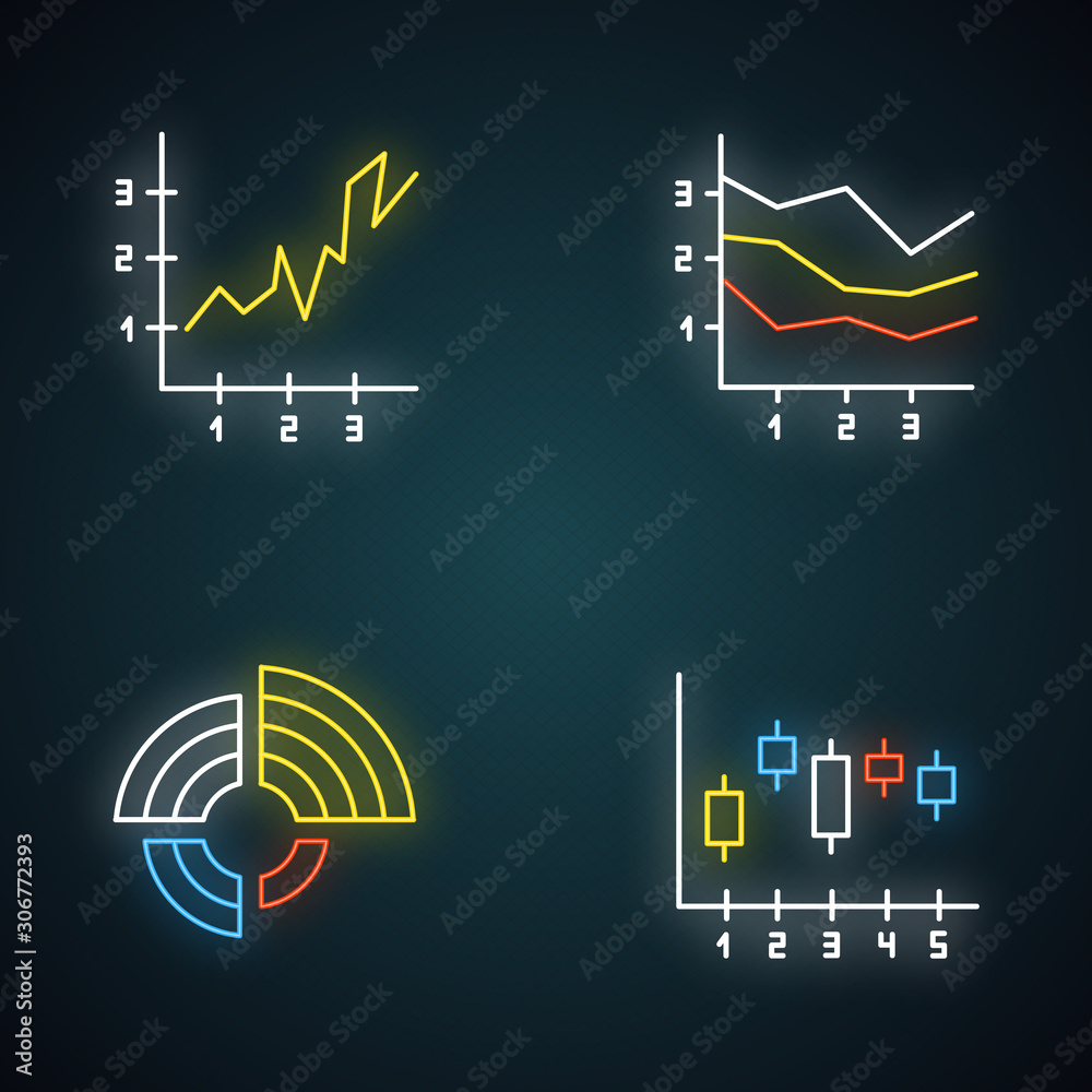 Chart and graph neon light icons set. Radial diagram with increasing ...