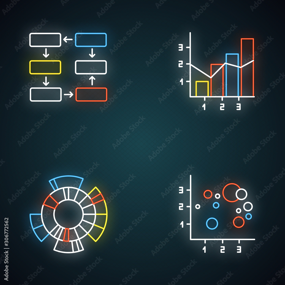 Chart and graph neon light icons set. Data connection and wiring ...