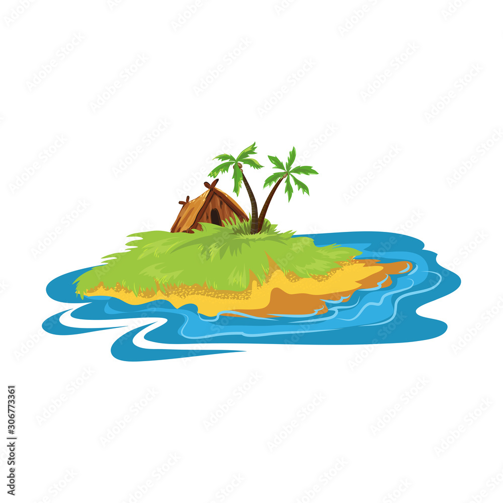 Tropical island with the wooden hut and two palm trees. Vector ...