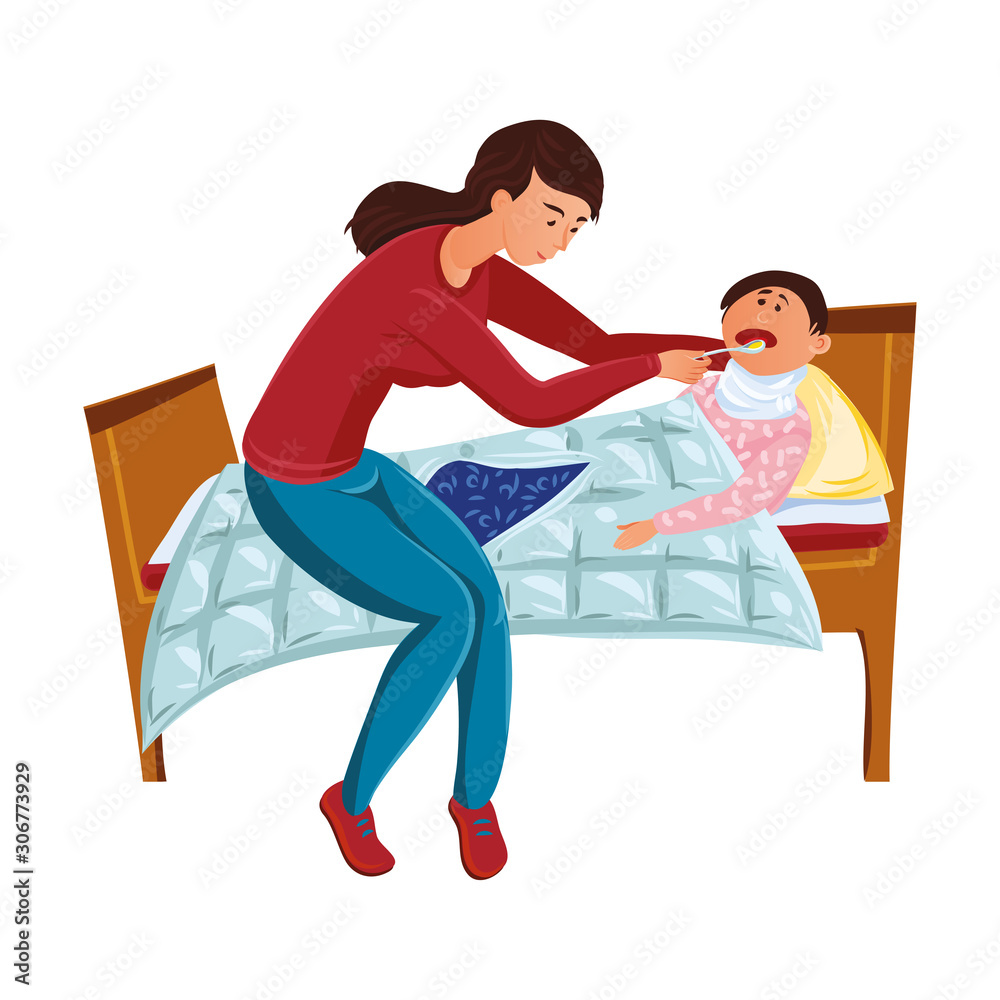Mom gives a spoonful of medicine to a sick child. Vector illustration ...