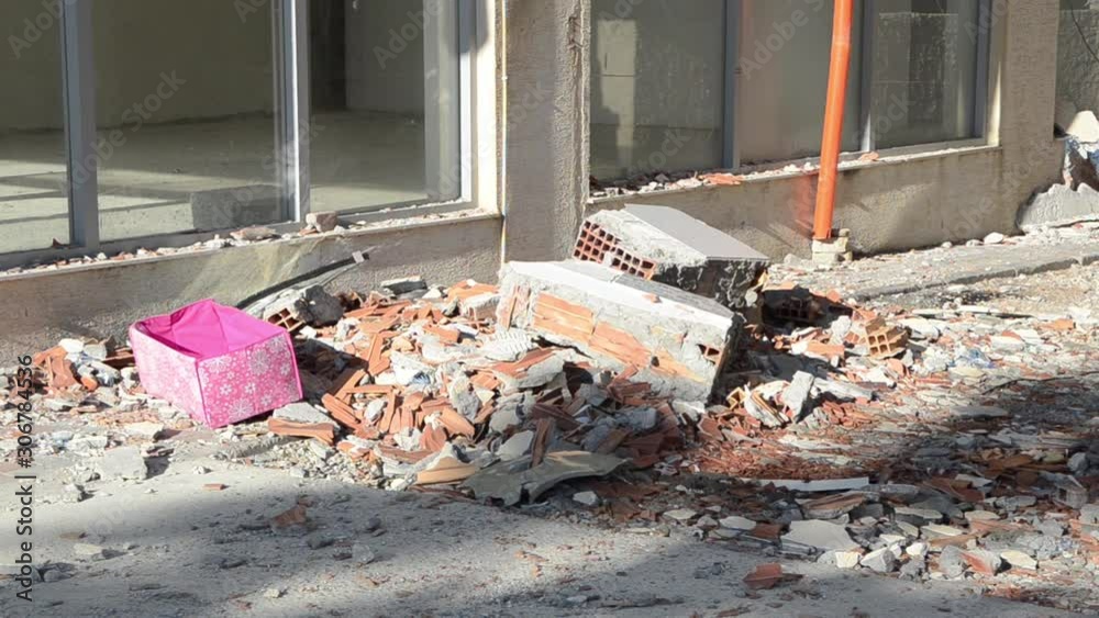 Collapsed and destroyed building ruins after earthquake, closeup ...
