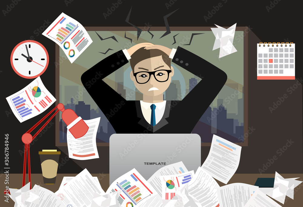 Stress at work concept flat illustration. Stressed out men in suit with ...