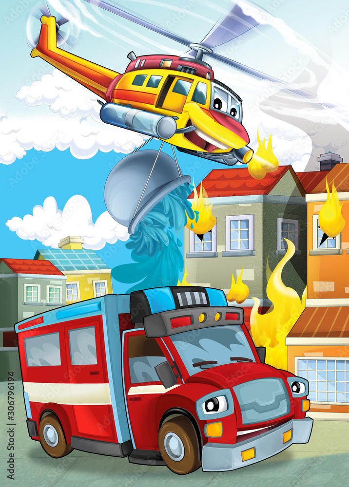 cartoon scene with different fire fighter machines helicopter and fire ...