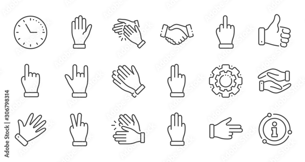 Hand gestures line icons. Handshake, Clapping hands, Victory. Horns ...