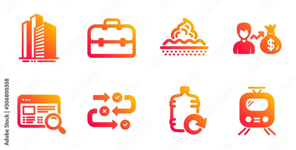 Survey progress, Skyscraper buildings and Website search line icons set. Refill water, Portfolio ...