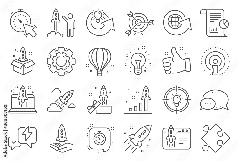 Startup line icons. Launch Project, Business report, Target icons ...