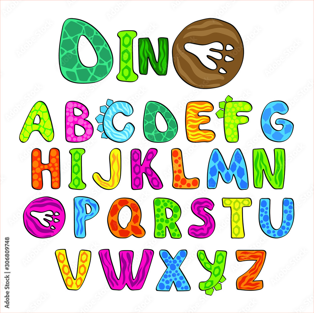 Dino alphabet colored. Bright letters in the style of dinosaurs. Kids ...