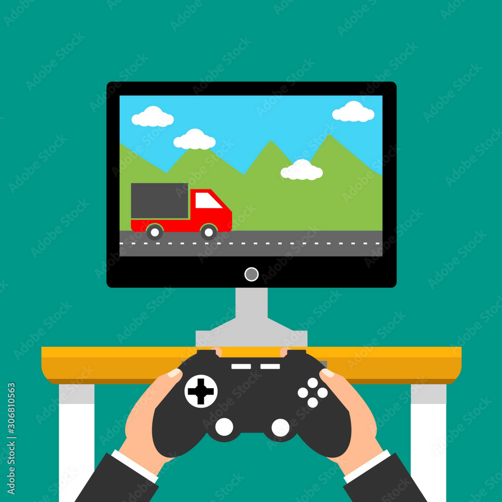 Gaming concept. Man holding in hands gamepad and playing in videogame ...