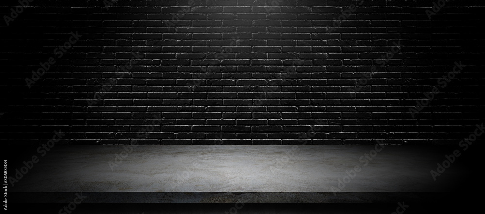 Studio dark room black brick wall with concrete shelf table for product ...