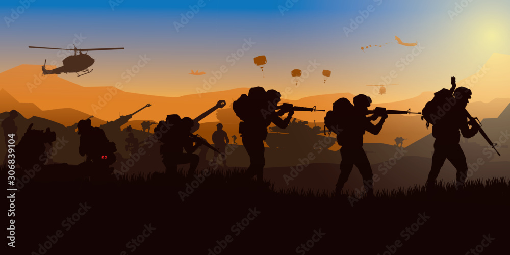 Military vector illustration, Army background, soldiers silhouettes ...