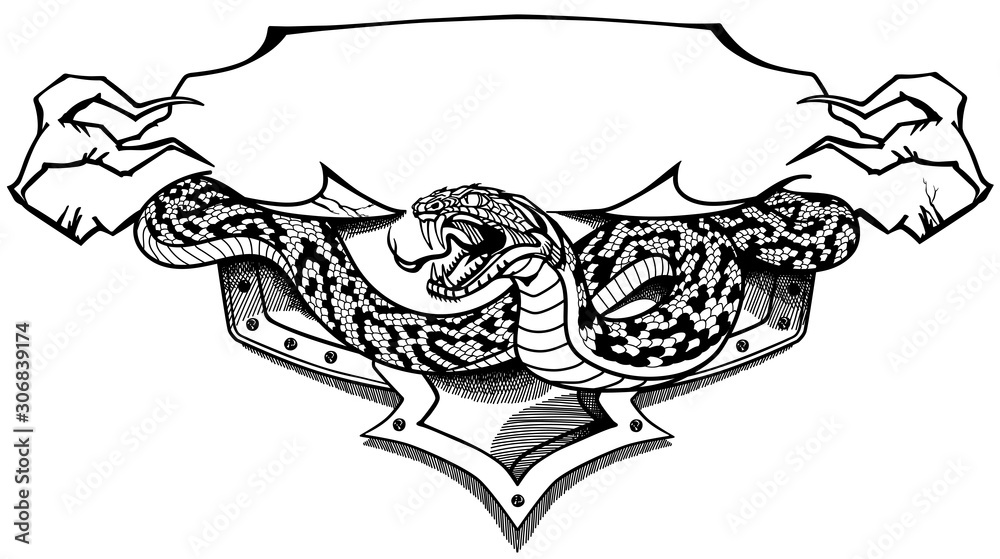 Angry snake. Tattoo, banner, emblem with ribbon scroll. Shirt design ...