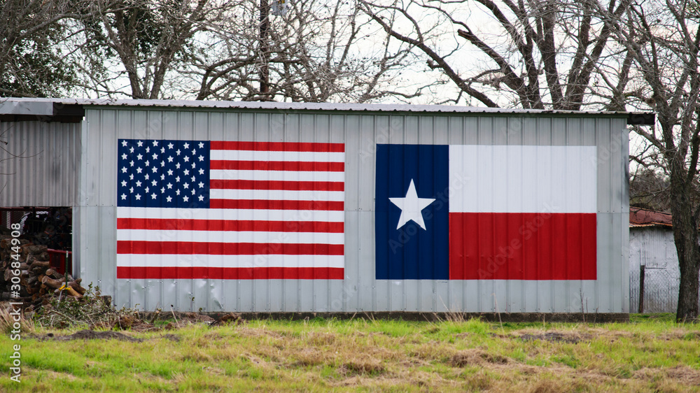 (US) United States Flag with Texas Flag on side of metal silver rustic ...