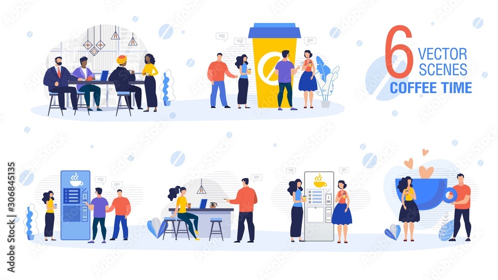 Coffee Time in Office Trendy Flat Vector Scenes Set Isolated on White ...