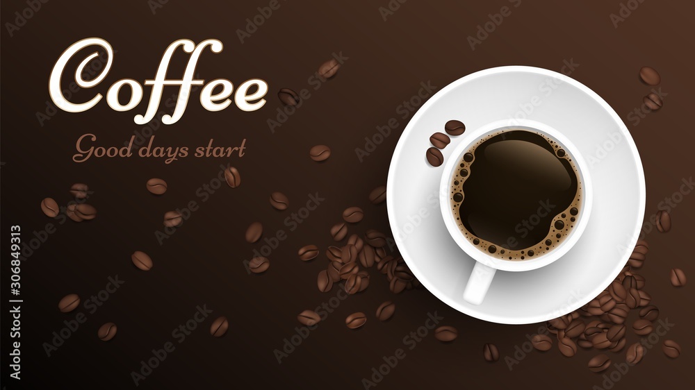 Coffee top view cup. Realistic cup and coffee beans banner template ...