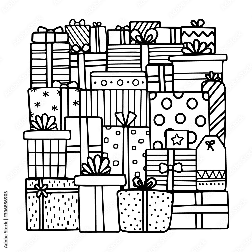 Vector holiday presents. Coloring page with doodle gift boxes. Outline ...