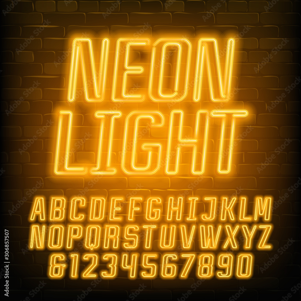 Neon alphabet font. Yellow neon geometric letters and numbers. Brick ...