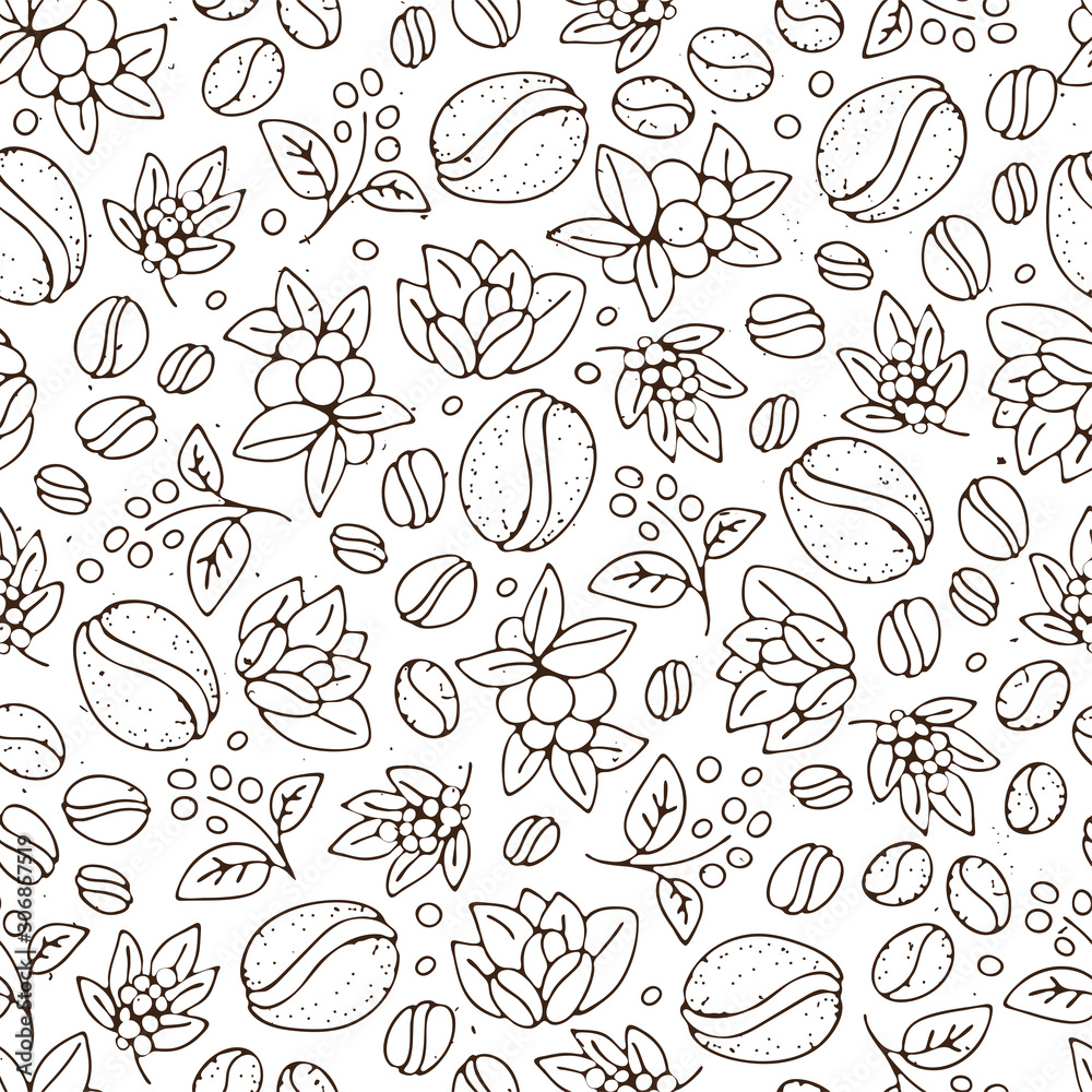 Seamless coffee background with branch of coffee and coffee beans. Hand ...