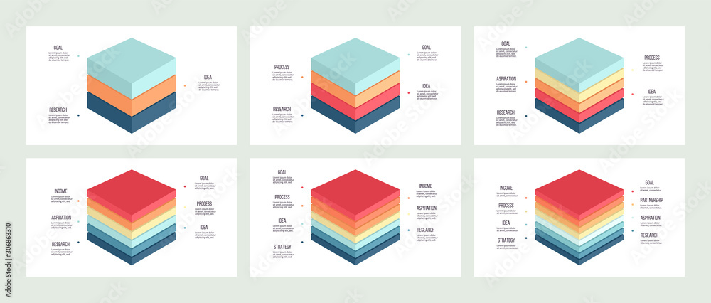 Business infographics. Charts with 3, 4, 5, 6, 7, 8 steps, options ...