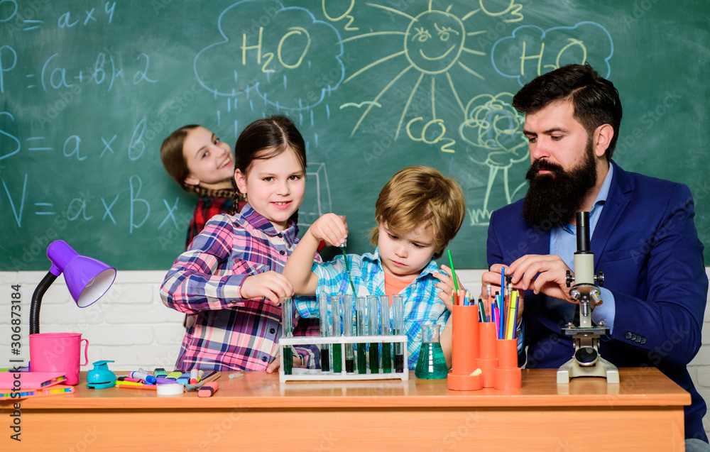 school kids scientist studying science. back to school. happy children ...