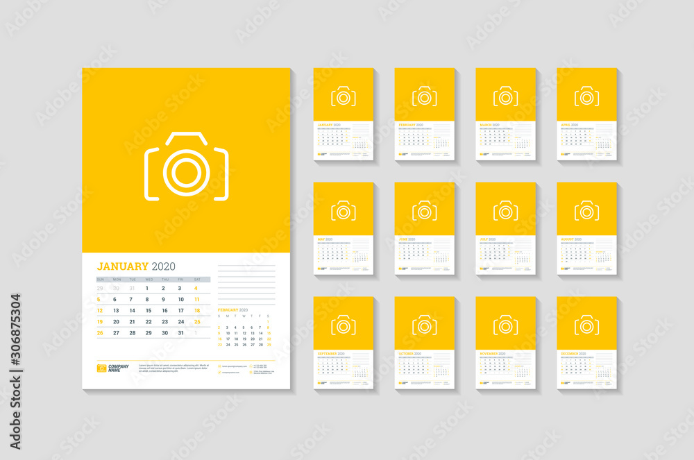 Wall calendar template for 2020 year. Week starts on Sunday. Vector ...