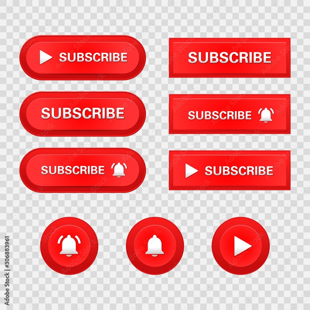 subscribe button icon set. red realistic switch in different shapes ...