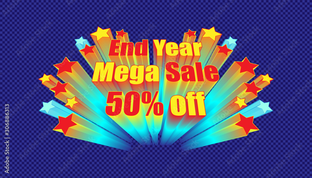 retro banner end year mega sale 50% off. plaid blue color background ...