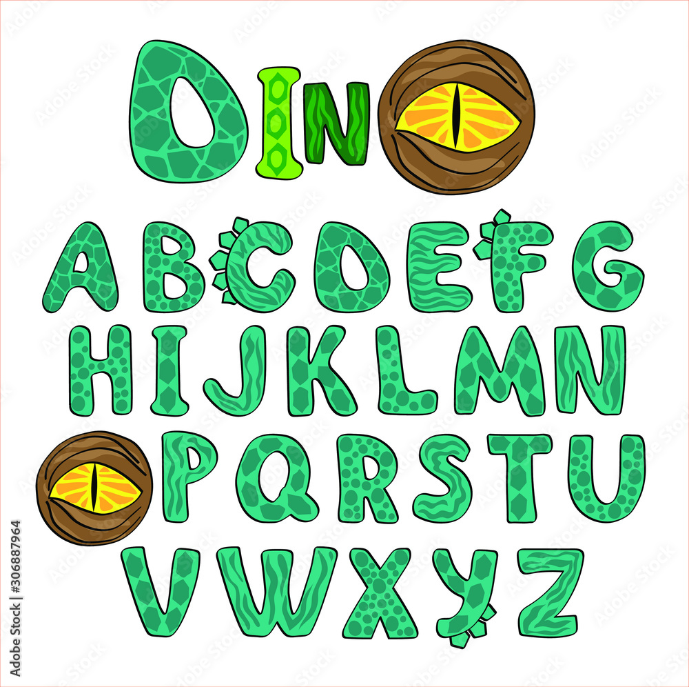 Dino alphabet colored. Bright letters in the style of dinosaurs. Kids ...