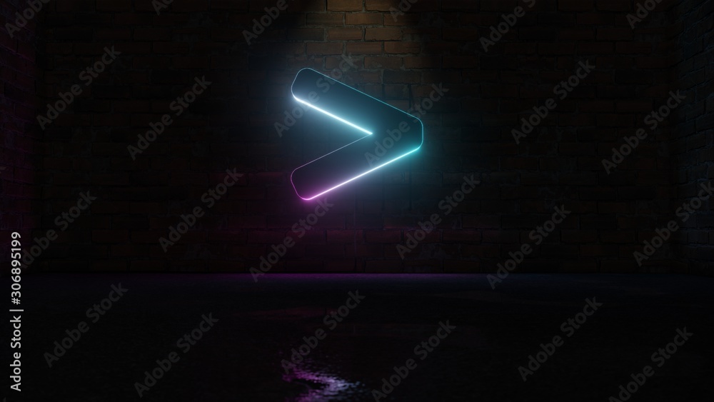 3D rendering of blue violet neon symbol of greater than icon on brick ...