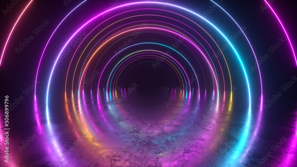 Infinity flight inside tunnel, neon light abstract background, round ...