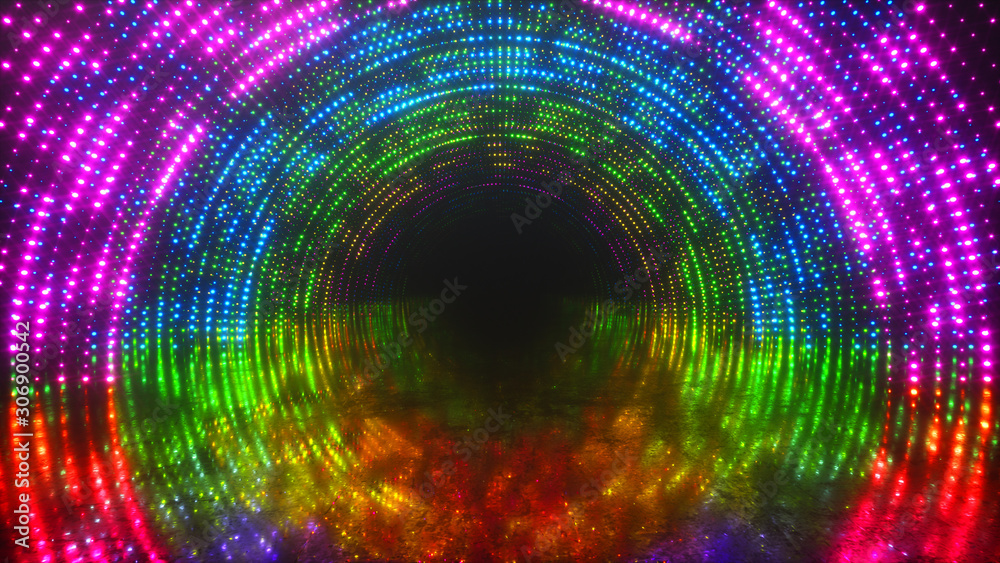 Bright light tunnel of luminous multi-colored dots and a reflective ...