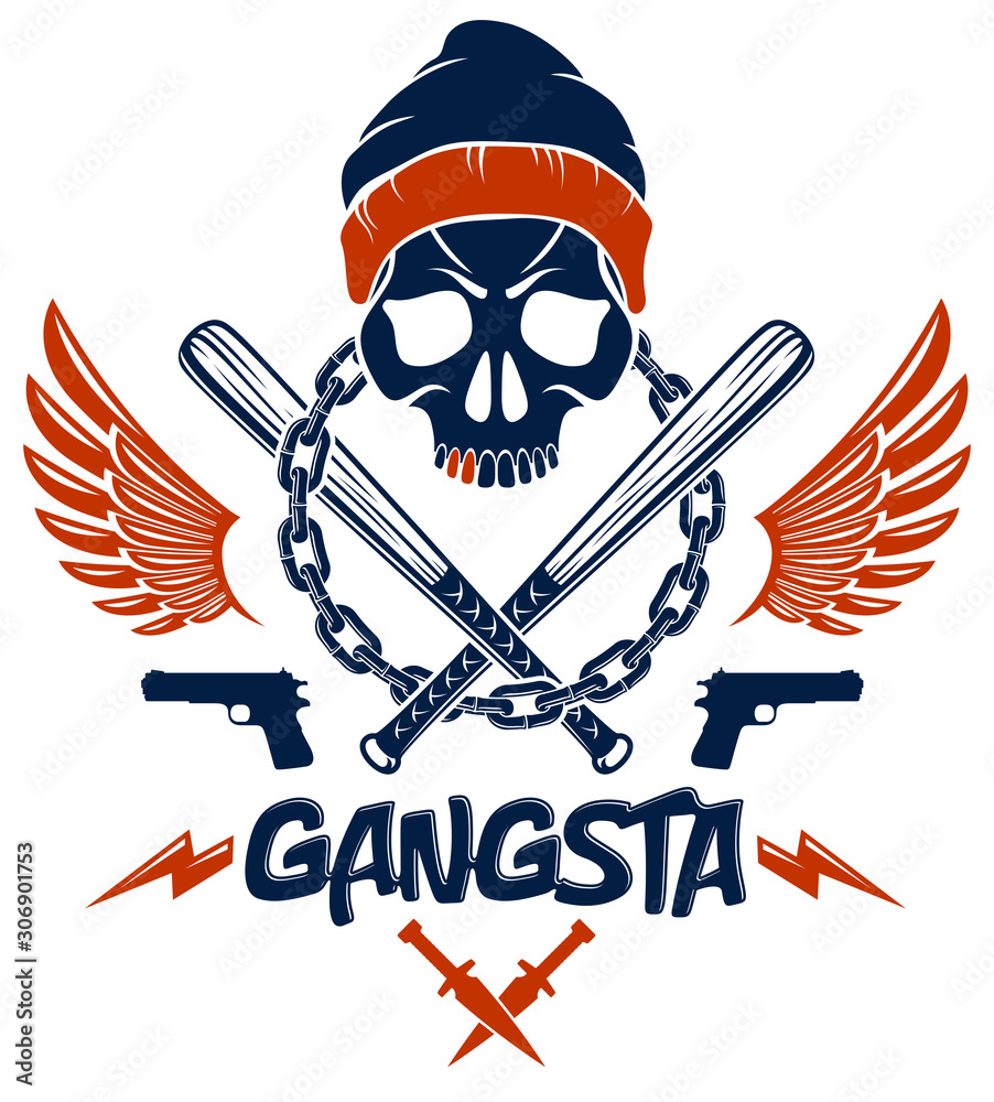 Gangster emblem logo or tattoo with aggressive skull baseball bats and ...