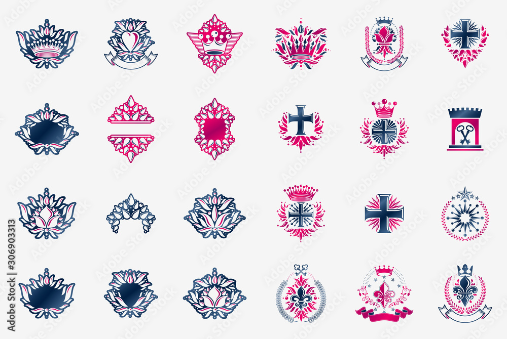 Vintage heraldic emblems vector big set, antique heraldry symbolic ...