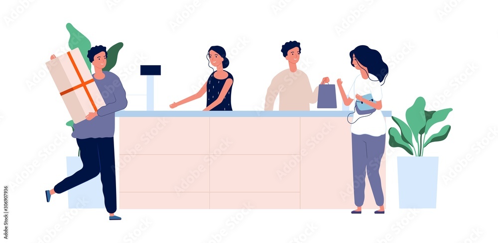 Customer service concept. Shoppers with products standing at counter ...