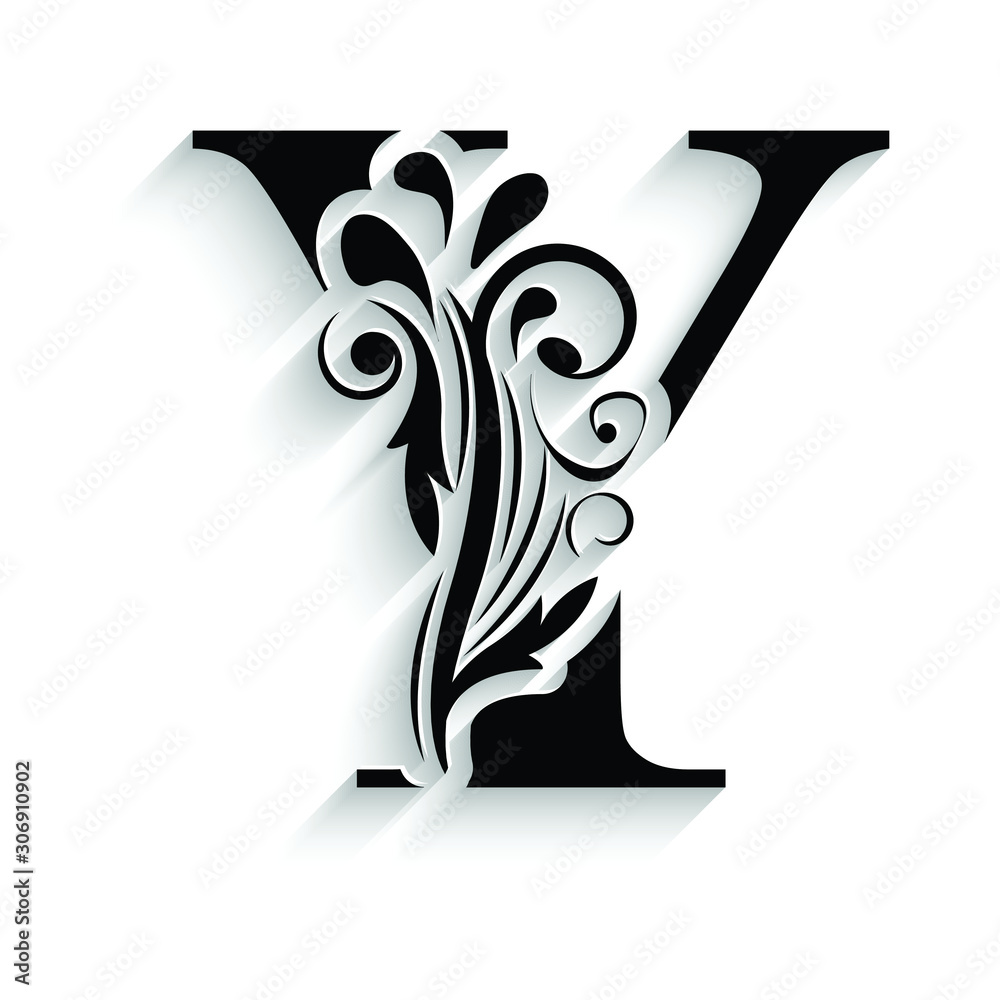 letter Y. Black flower alphabet. Beautiful capital letters with shadow ...