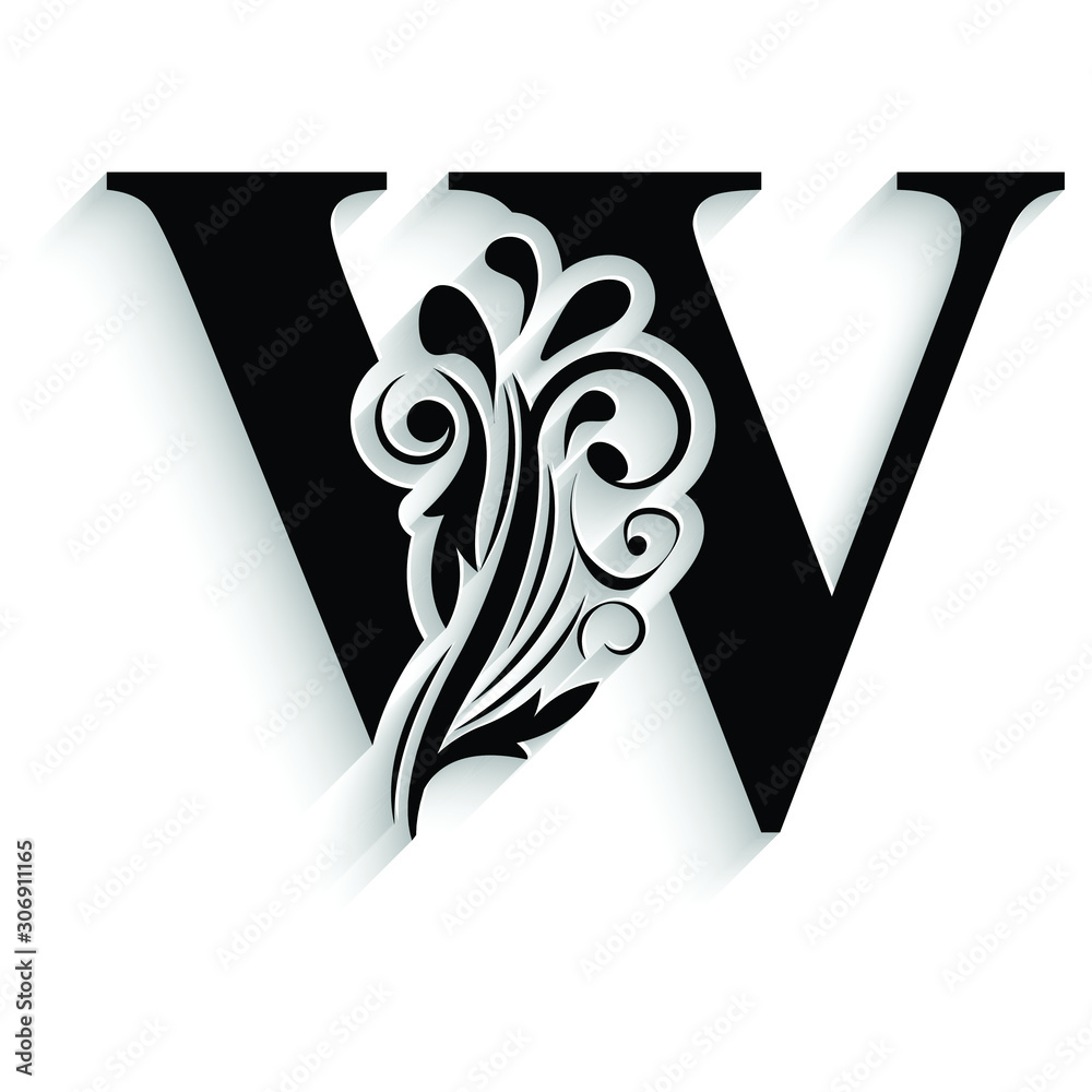 letter W. Black flower alphabet. Beautiful capital letters with shadow ...