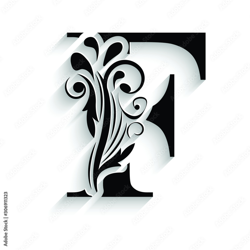 letter F. Black flower alphabet. Beautiful capital letters with shadow ...