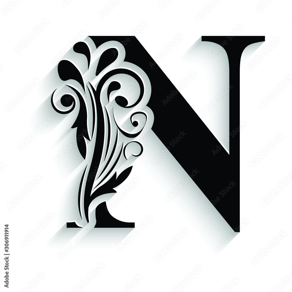 letter N. Black flower alphabet. Beautiful capital letters with shadow ... letter N. Black flower alphabet. Beautiful capital letters with shadow ...