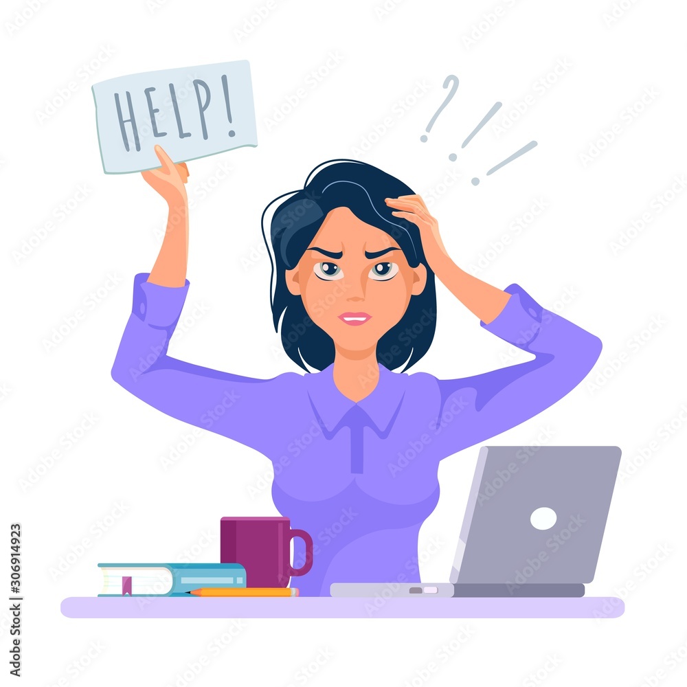 Stressed and frustrated business woman asking for help at work. Cartoon ...